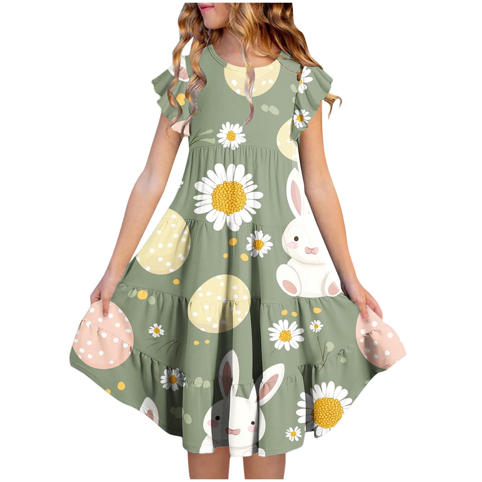 Cowsor Big Girls Short Sleeve Ruffle Strap Dress Easter Print Round ...
