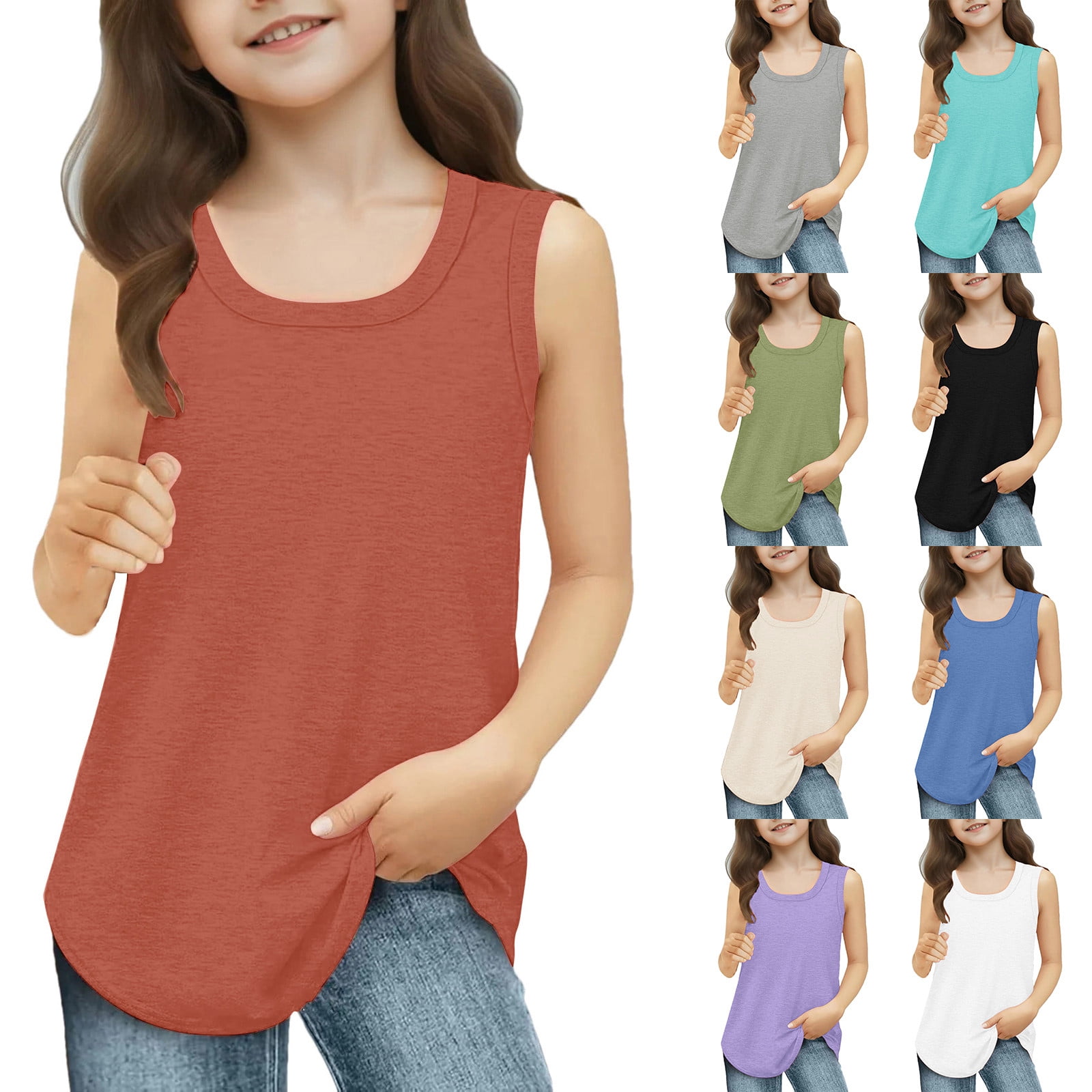 Cowsor Big Girls Solid Color Casual Sleeveless Tank Top Versatile ...