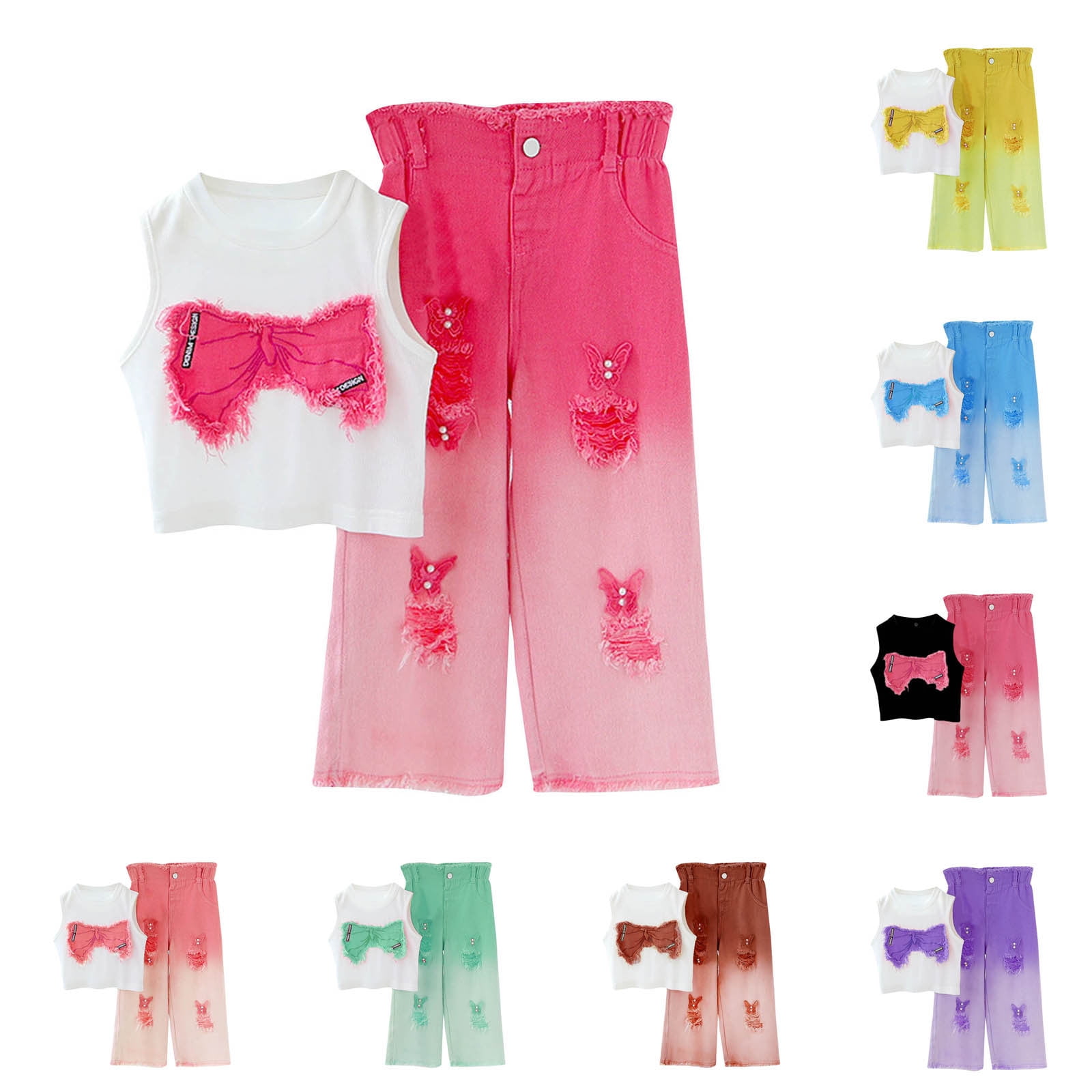 Cowsor Big Girls Summer Bow Embroidery Tank Top Gradient Ripped Denim ...