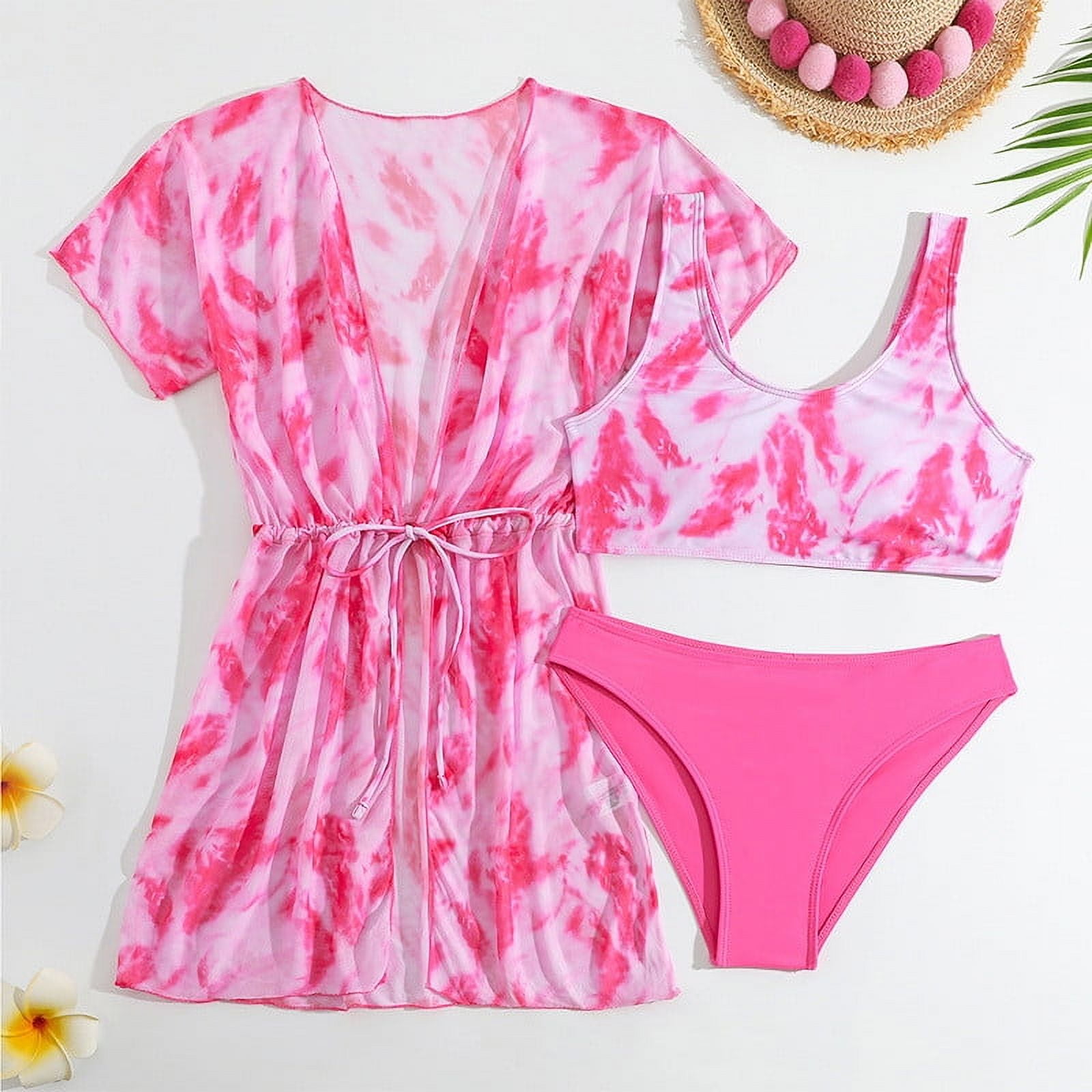 Cowsor Big Girls Three Piece Swimsuit Set Printed Design with Cover Up ...