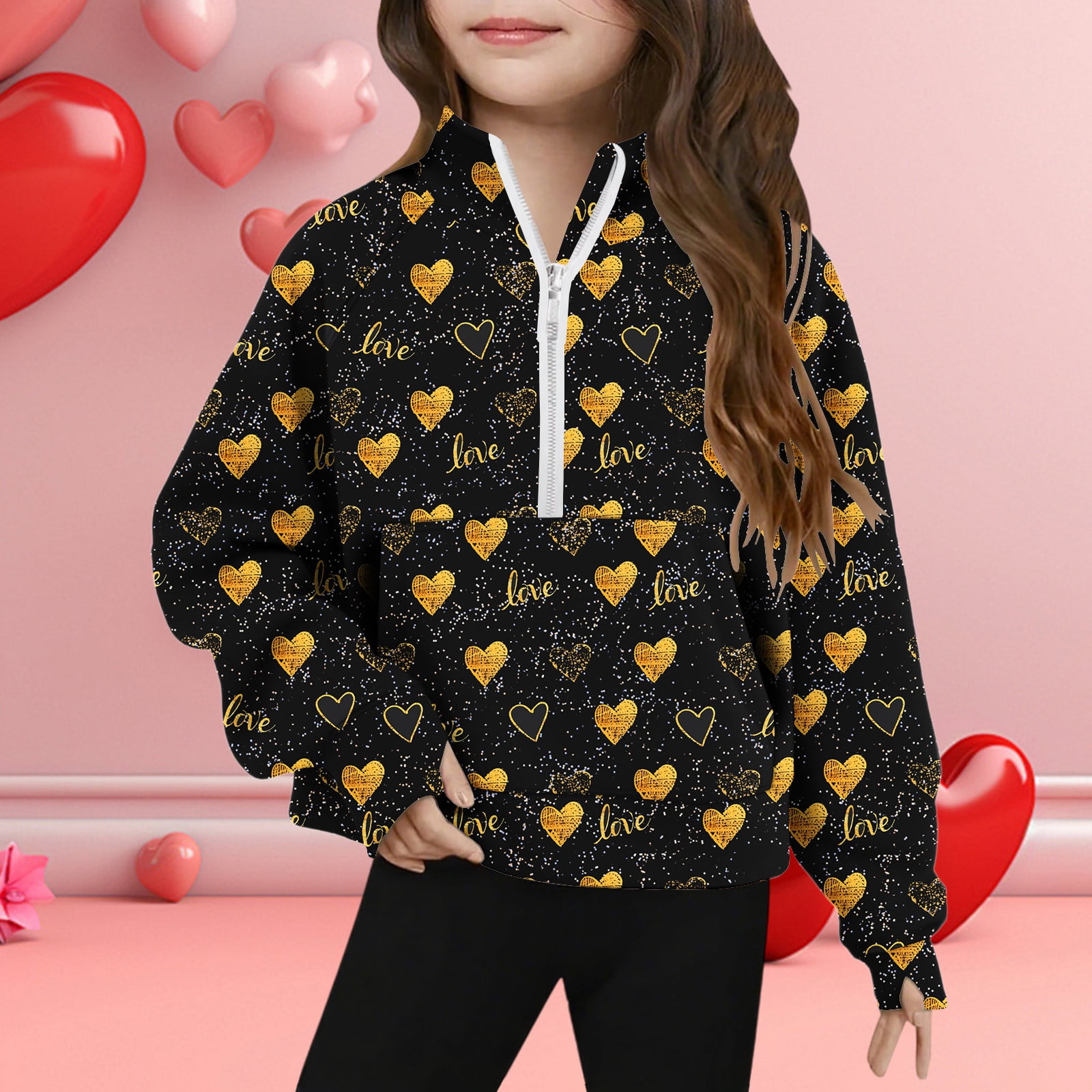 Cowsor Big Girls Valentine s Day Half Zip Stand Collar Thumbhole Long ...