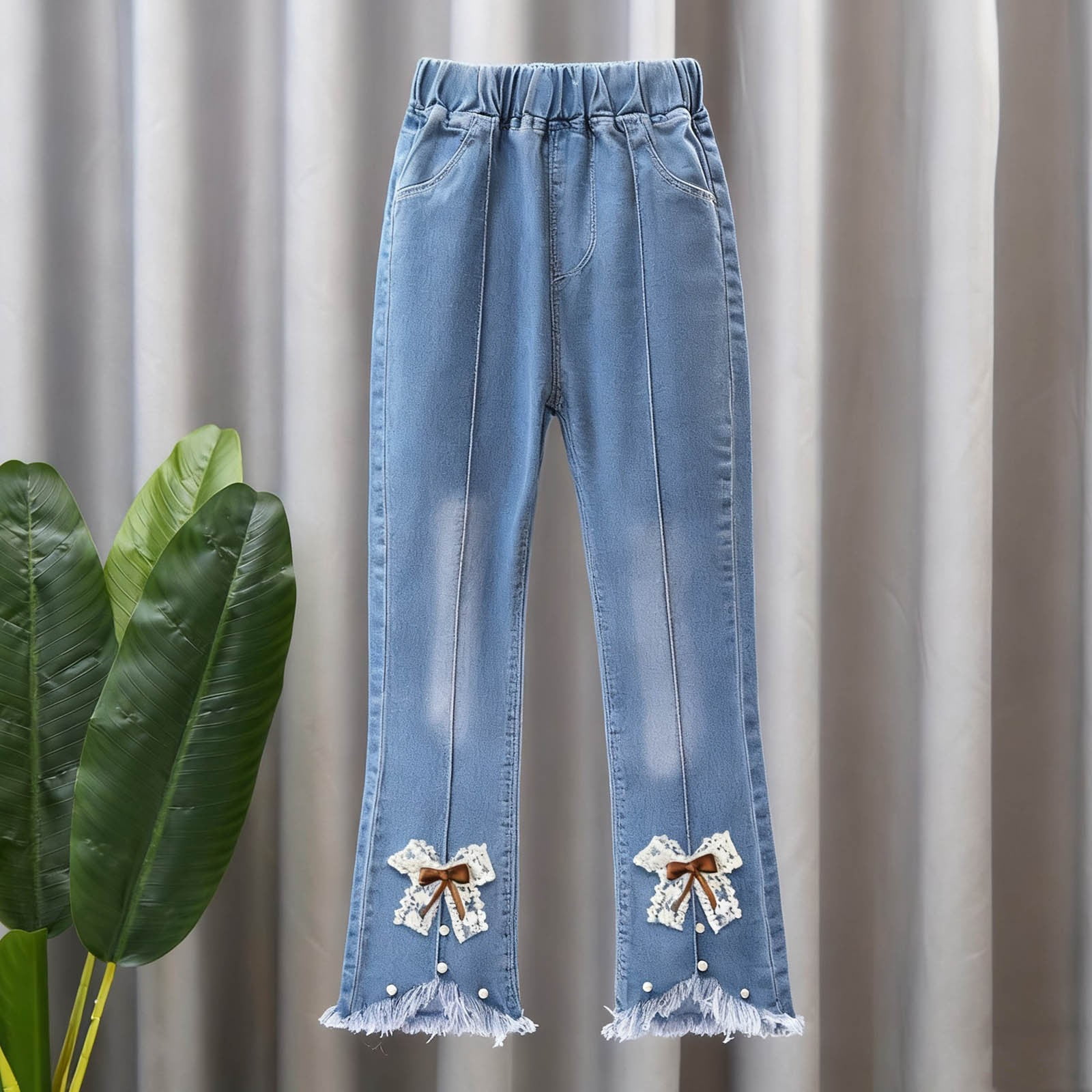 Cowsor Big Kids Girls Flare Slim Fit Jeans Elastic Waist Ruffled Bow ...