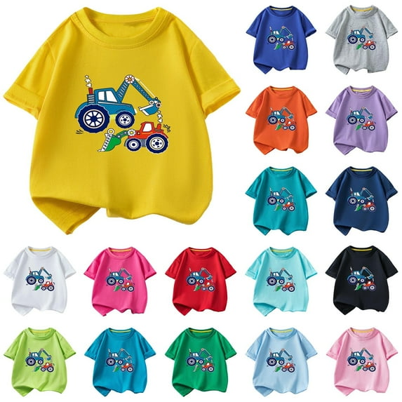 Cowsor Boys Girls Excavator Printed Casual Loose Short Sleeve Crewneck ...