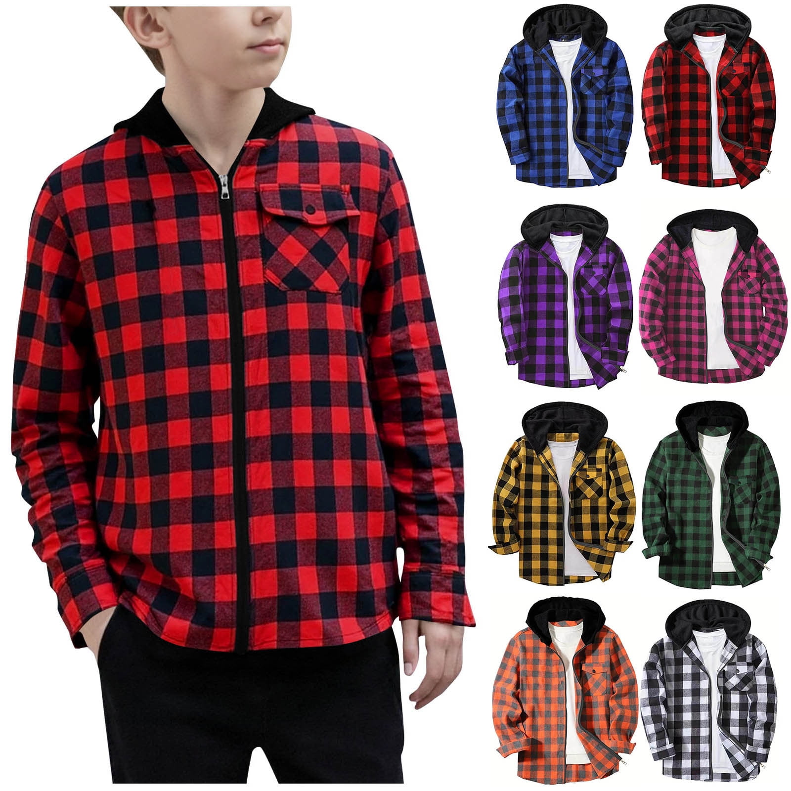 Cowsor Boys Girls Plaid Zip Up Hooded Shirt Casual Long Sleeve Fall ...