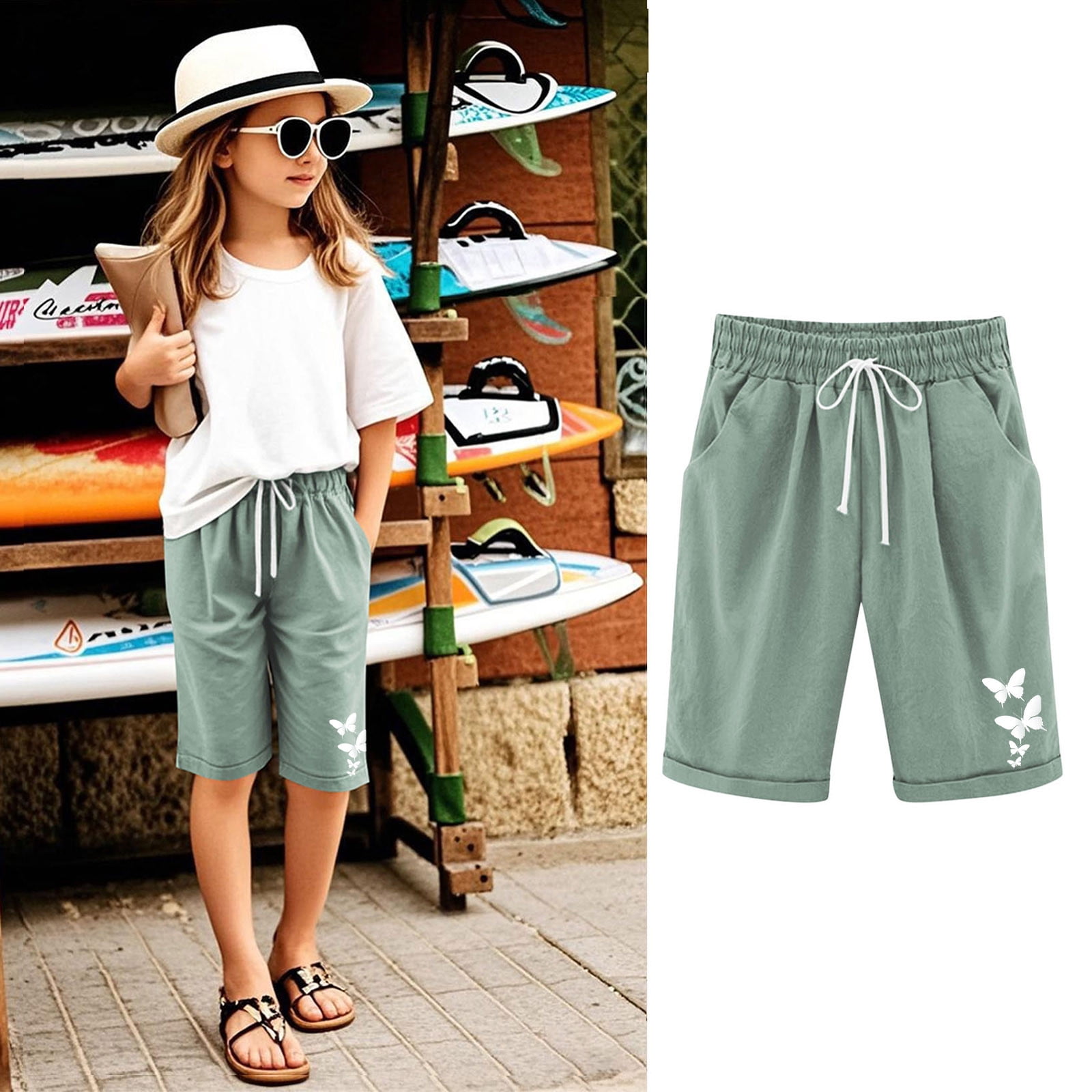 Cowsor Girl's Elastic Waist Knee Length Casual Cotton Bermuda Shorts ...