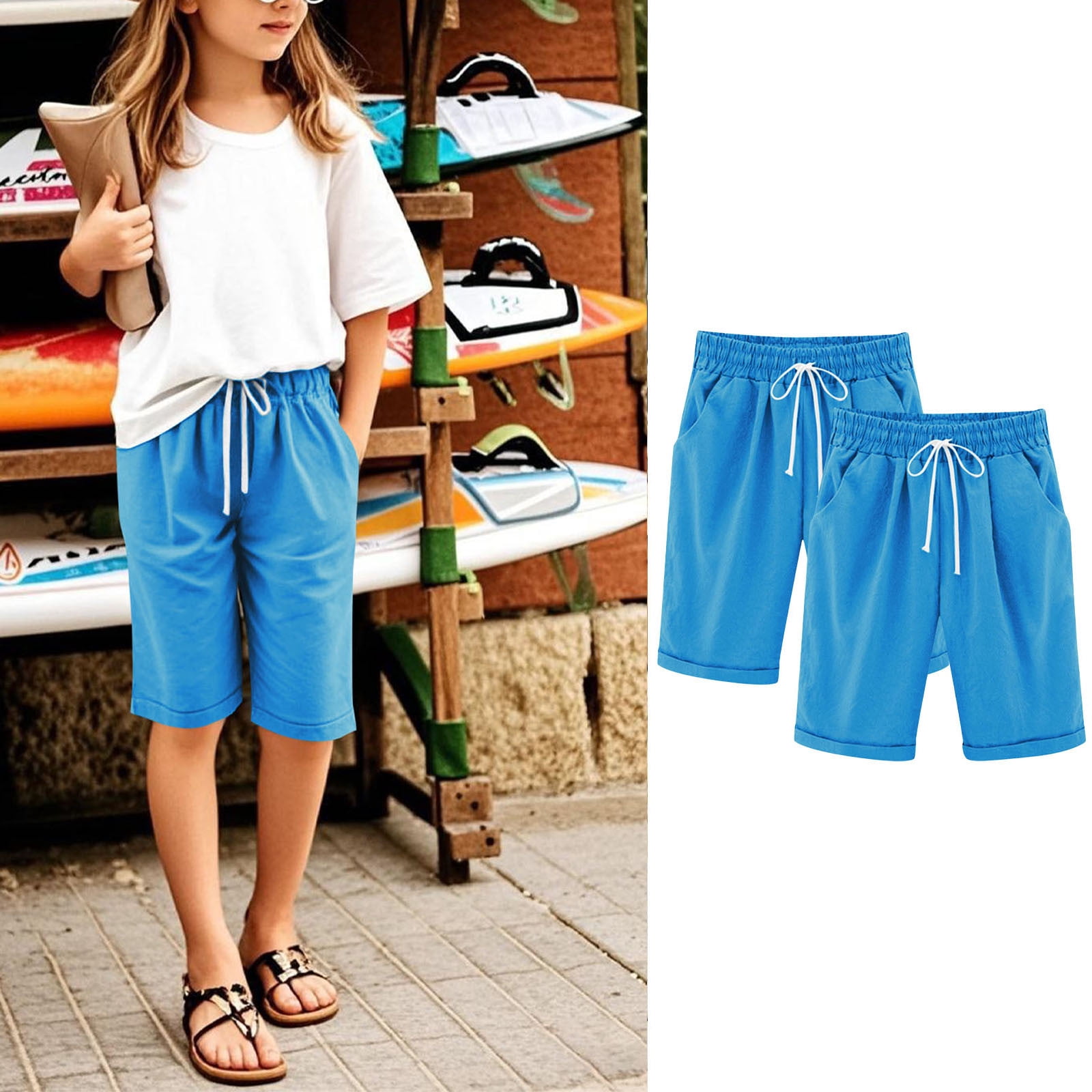 Cowsor Girl's Knee-Length Bermuda Casual Shorts with Elastic Waist ...