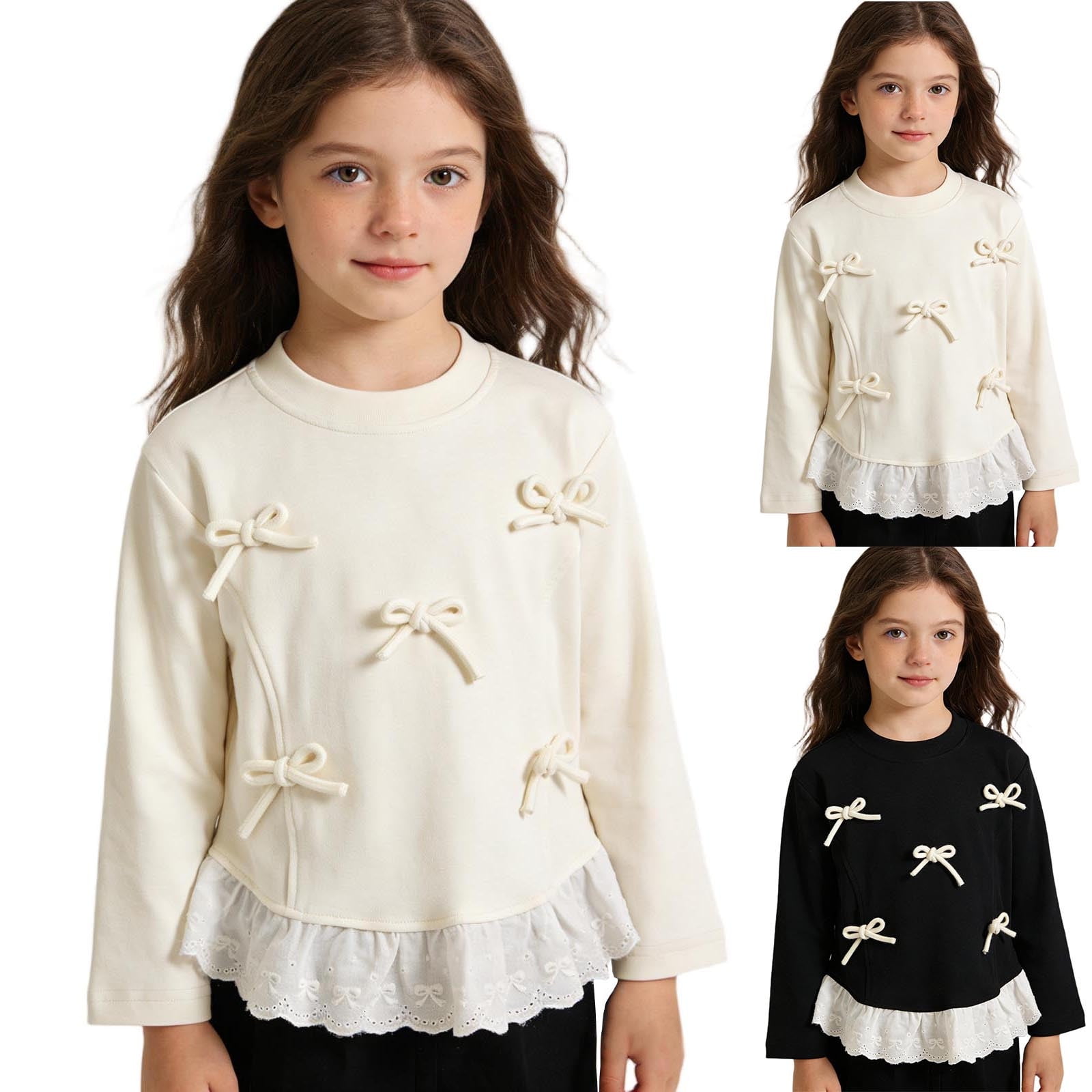 Cowsor Girls Bow Decor Long Sleeve T Shirt Ruffled Lace Trim Tee Cute ...