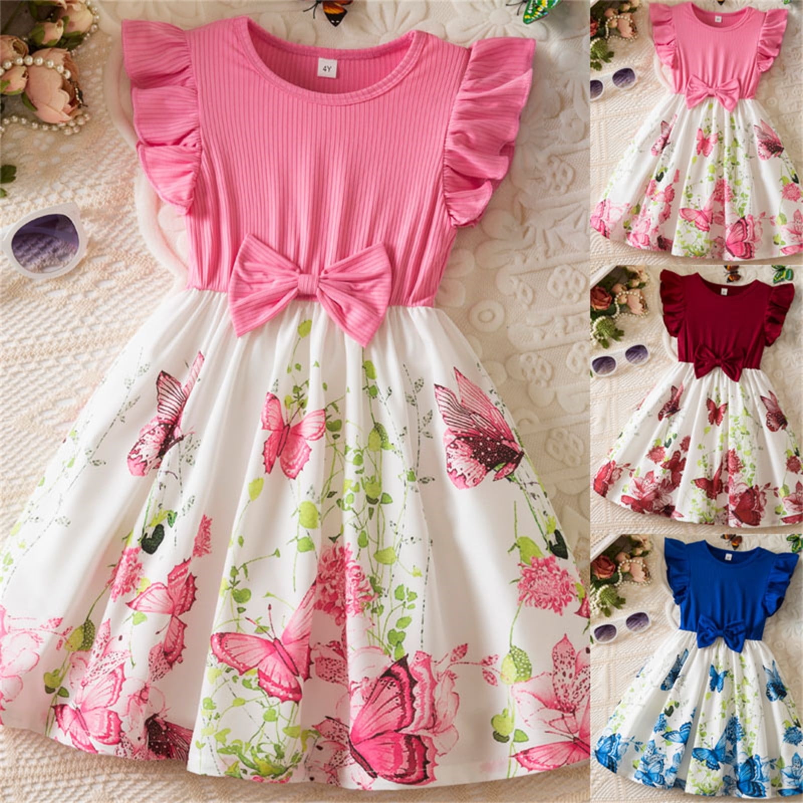 Cowsor Girls Butterfly Floral Printed Ruffle Sleeve Princess Dress ...