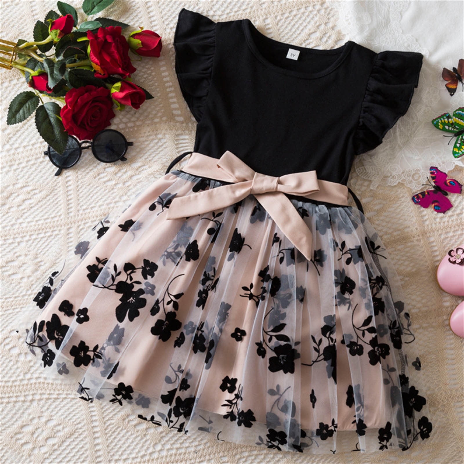 Cowsor Girls Floral Printed Ruffle Sleeve Princess Dress Bow Decor ...