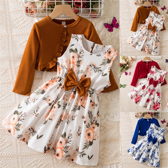 Cowsor Girls Floral Printed Sleeveless Princess Dress Set with Sun ...