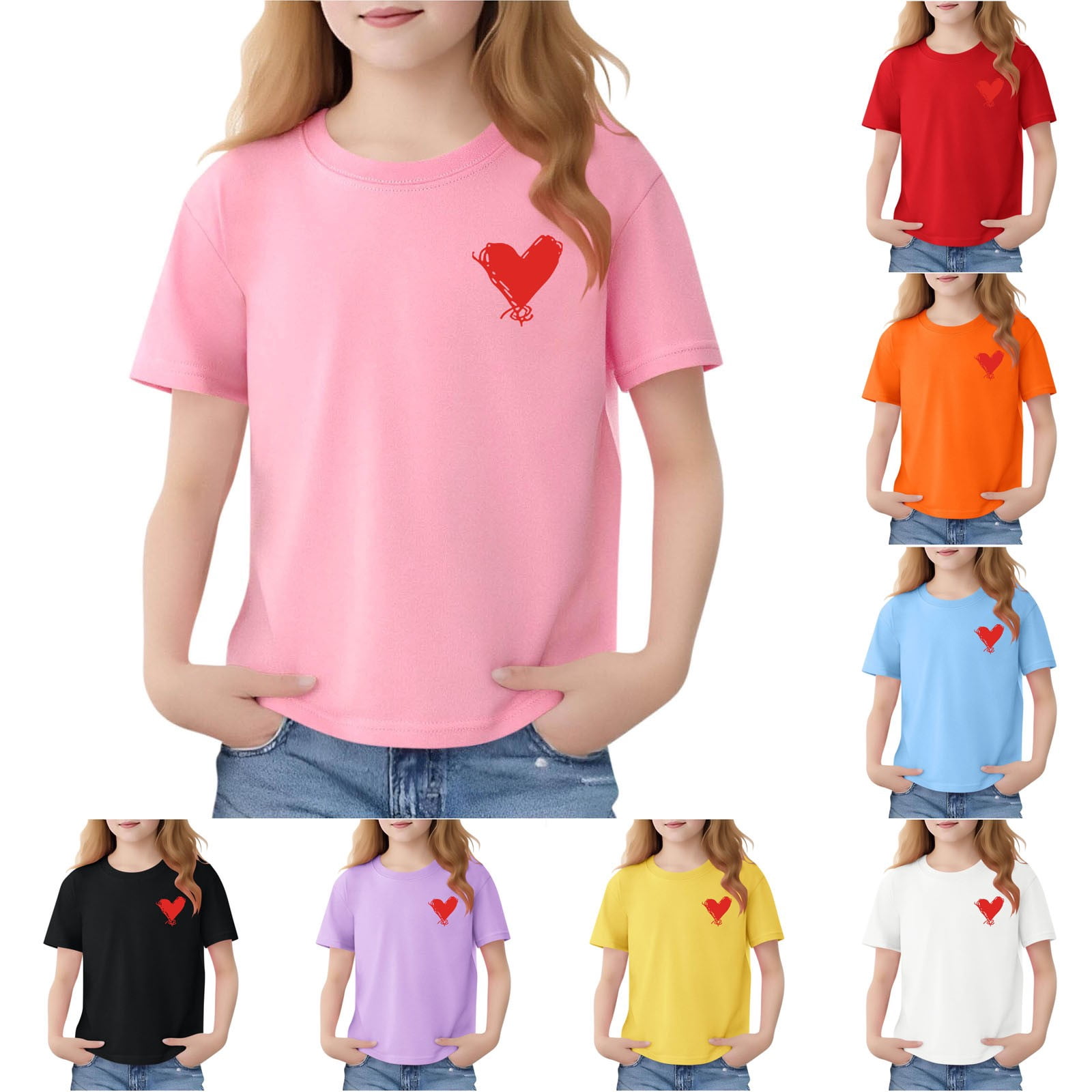 Cowsor Girls Heart Printed Short Sleeve Crewneck T Shirt Sweet Casual ...