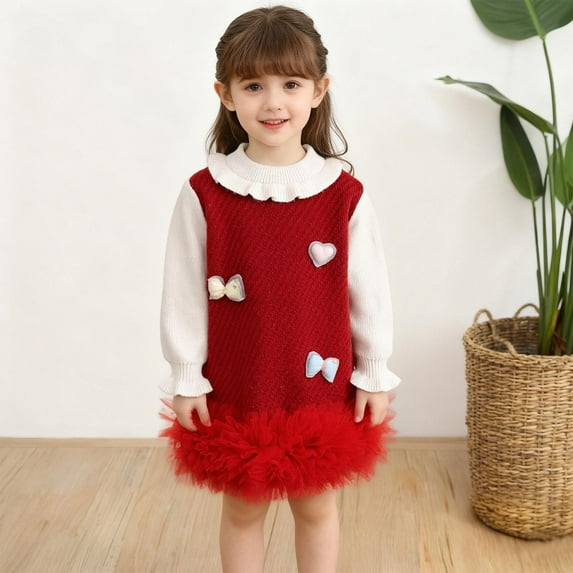 Cowsor Girls Knitted Long Sleeve Dress Set | Solid Color Leaf Collar ...