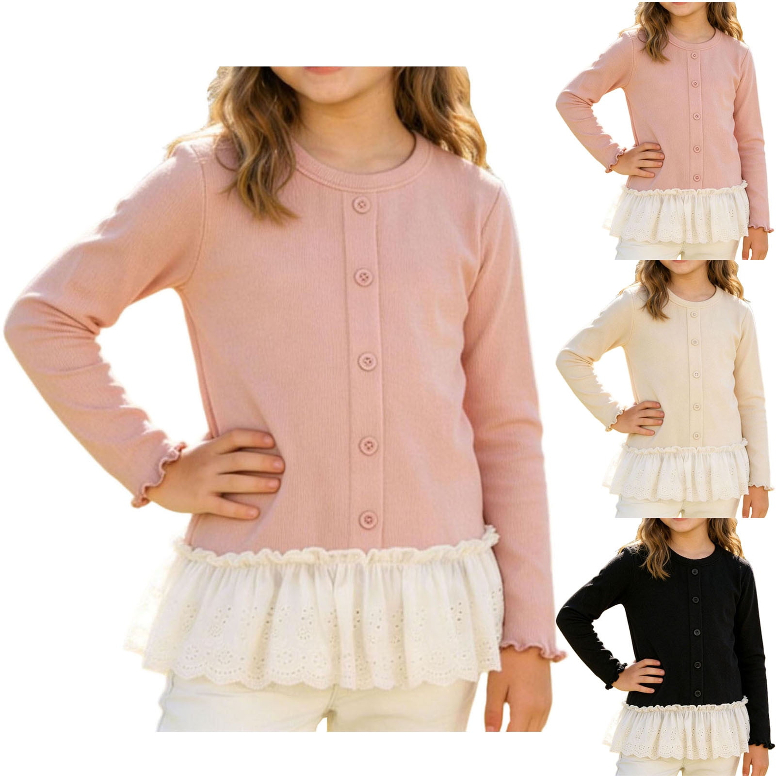 Cowsor Girls Lace Hem Patchwork T Shirt Stylish Long Sleeve Tee Casual ...