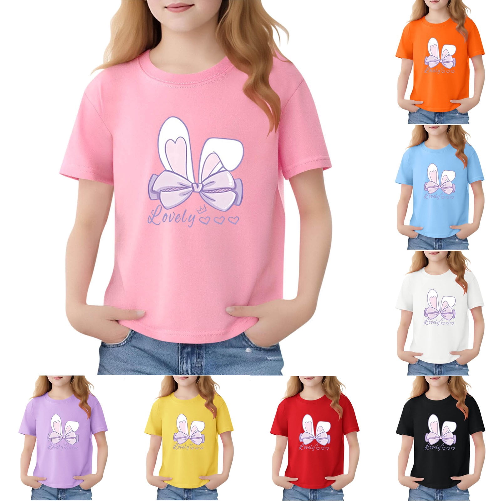 Cowsor Girls Lovely Heart Bow Printed Short Sleeve Crewneck T Shirt ...