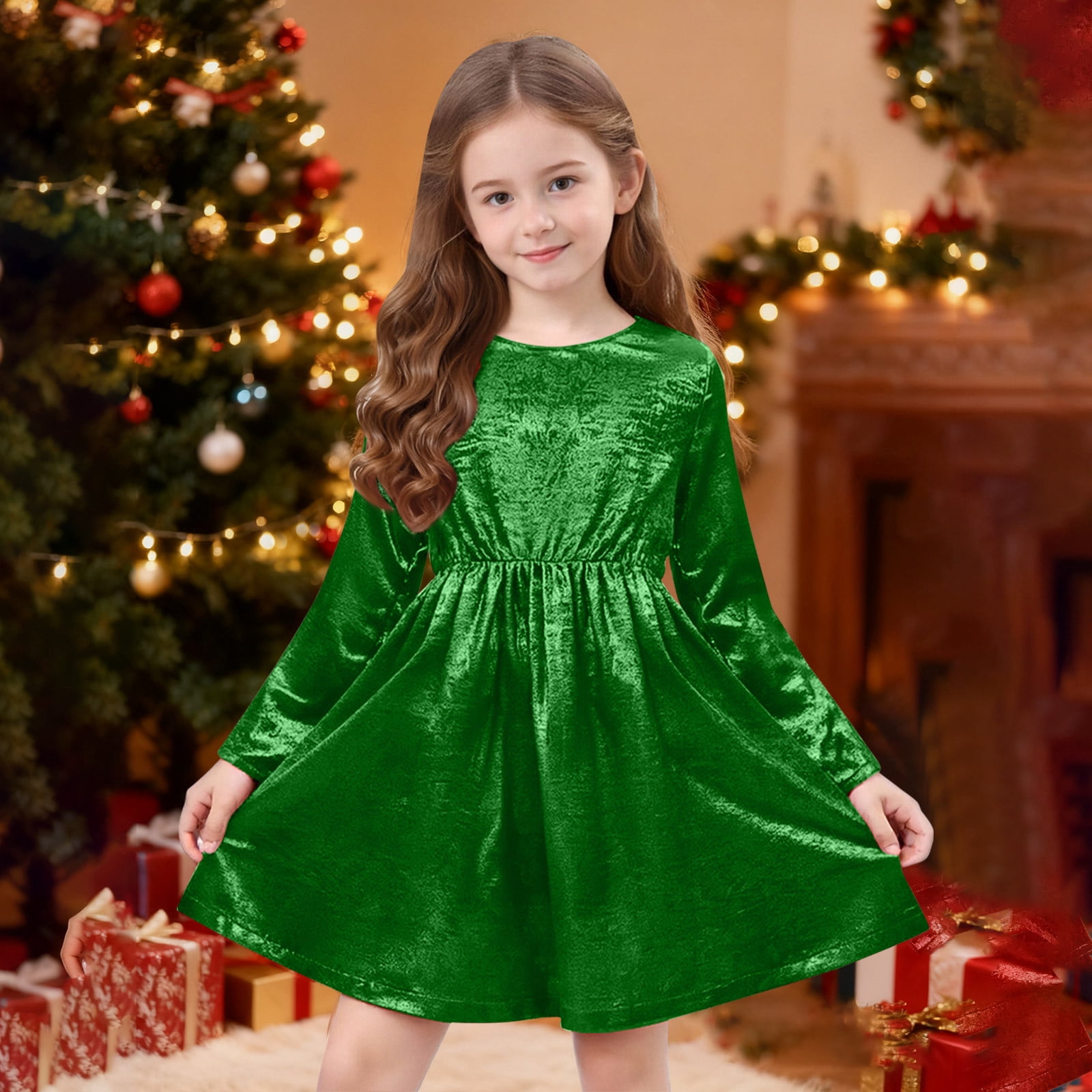 Cowsor Girls Metallic Dress Kids Long Sleeve Sparkly Pleated Party ...