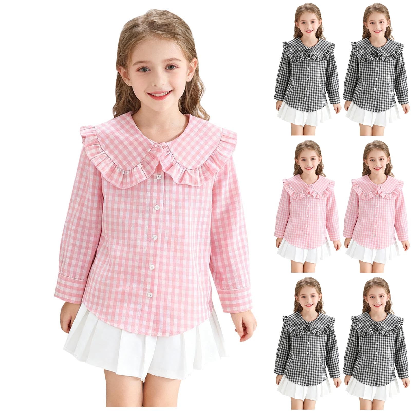Cowsor Girls Plaid Button Down Long Sleeve Blouse Ruffled Collar Casual ...
