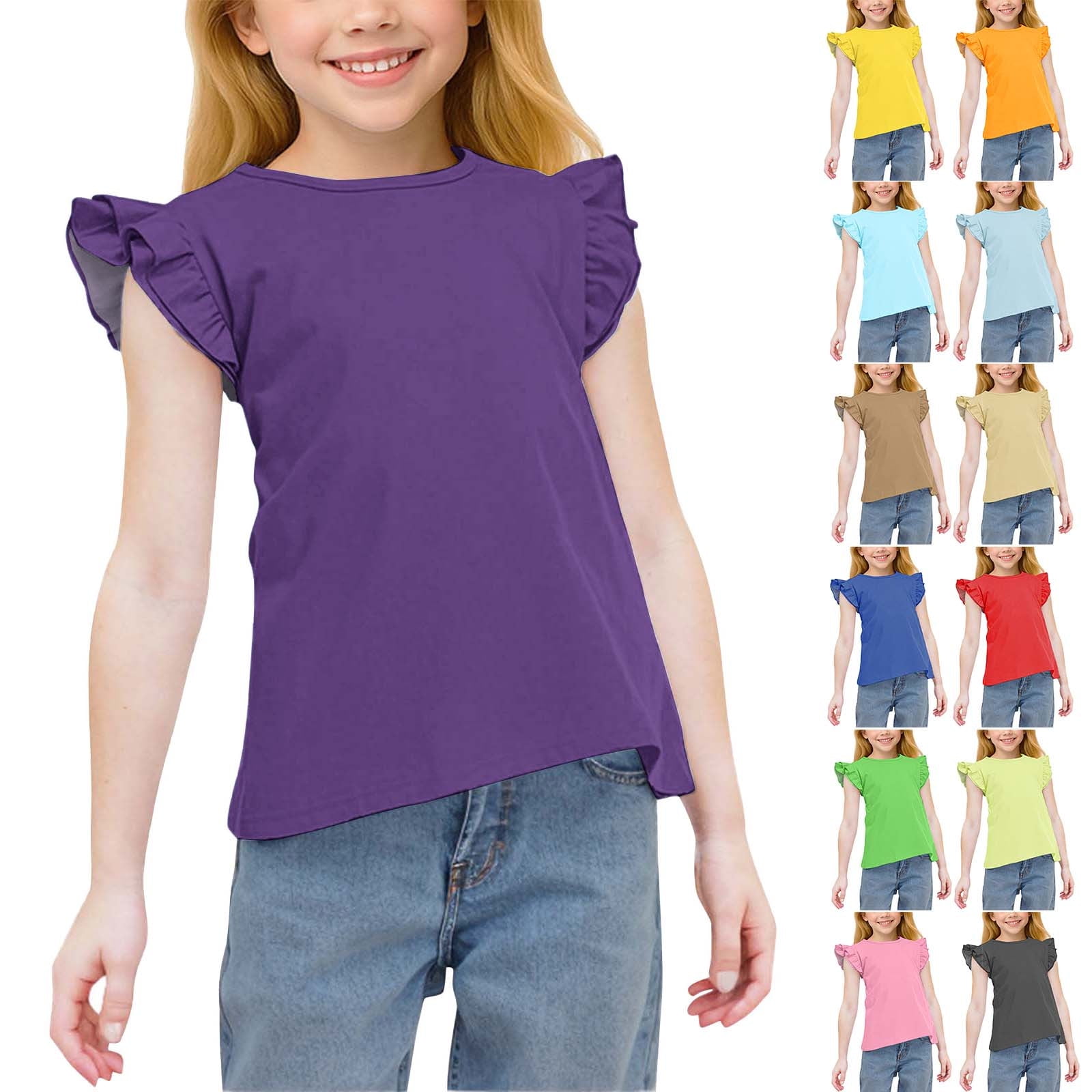 Cowsor Girls Ruffled Solid Color Short Sleeve T Shirt Cute Lightweight ...