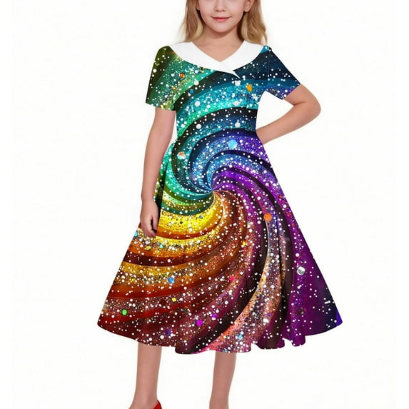 Cowsor Girls' Short Sleeve Stretchy Skater Dress - A-Line Twirly ...