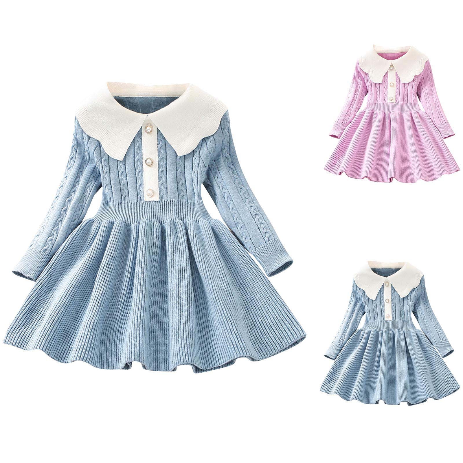 Cowsor Girls Solid Color Knit Long Sleeve Polo Dress Stylish Casual ...