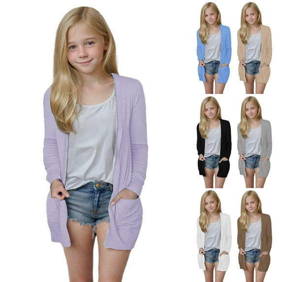 Cowsor Girls Solid Color Long Sleeve Open Front Cardigan with Pocket ...