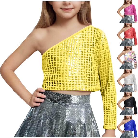 Cowsor Girls Solid Color Polka Dot Laser Shiny One Shoulder Long Sleeve ...