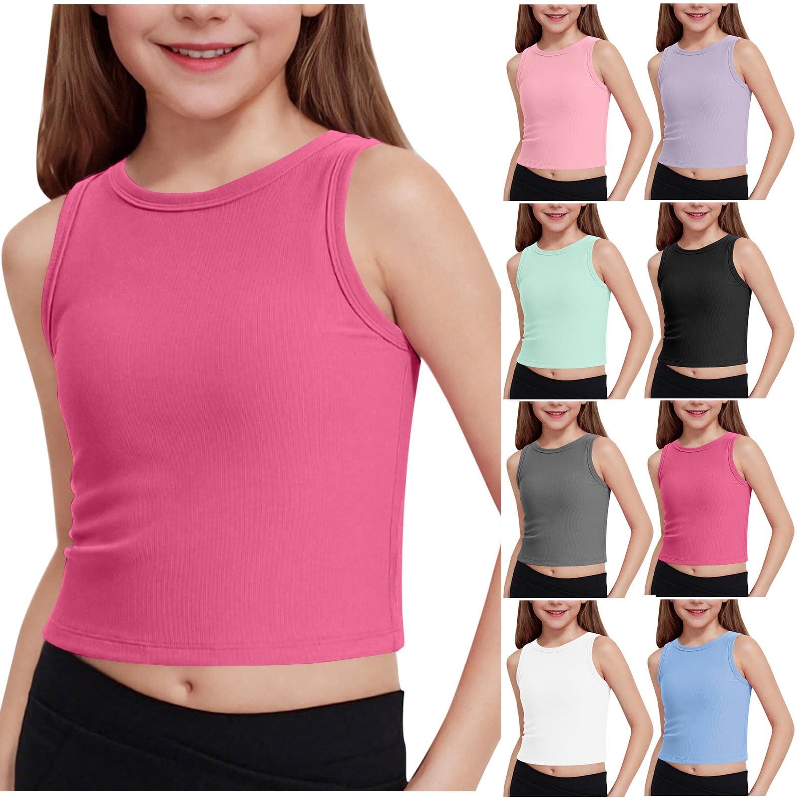 Cowsor Girls Solid Color Rib Knit Crop Tank Top Crewneck Basic Layering ...