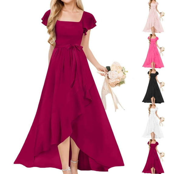 Cowsor Girls Solid Color Ruffled Maxi Dress Flowy Waist Cinched Short ...