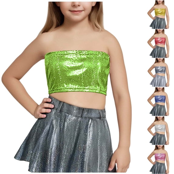 Cowsor Girls Solid Color Sequin Tube Top Sleeveless Crop Top Stretch ...