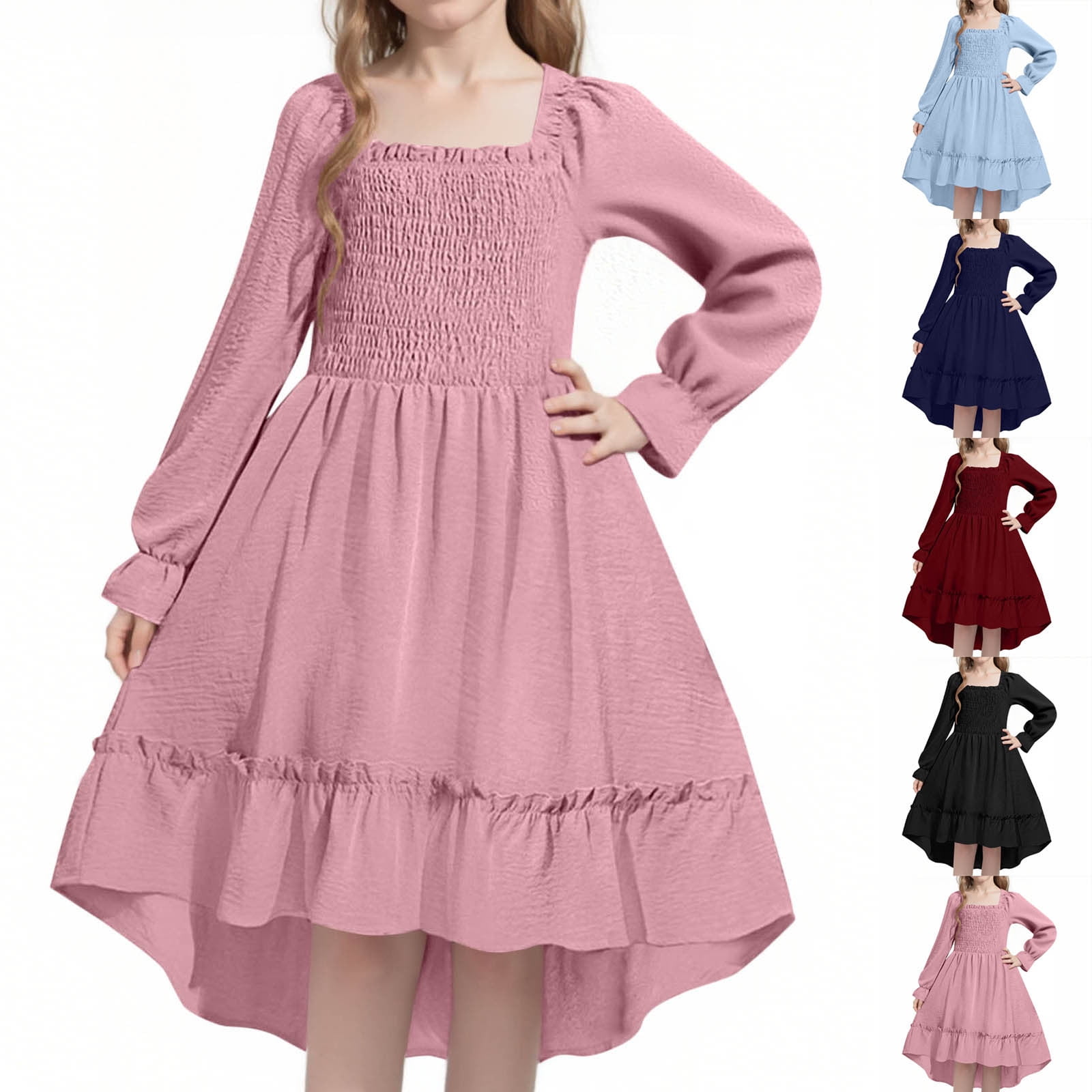 Cowsor Girls Solid Color Square Neck Flare Sleeve Ruffled Dress Elegant ...