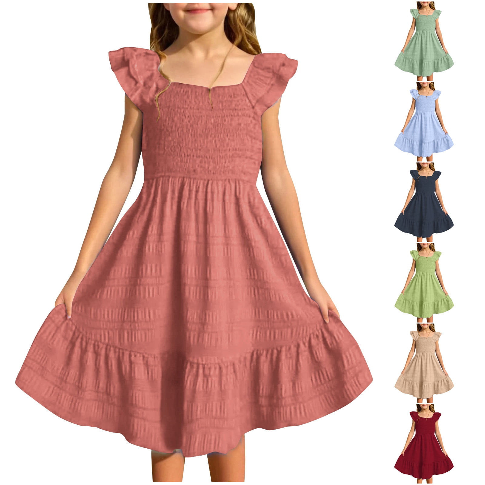 Cowsor Girls Solid Color Square Neck Ruffled Sleeveless Mini Dress Cute ...