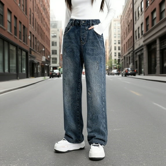 Cowsor Girls Wide Leg Jeans Baggy High Elastic Waist Denim Pants Cute ...