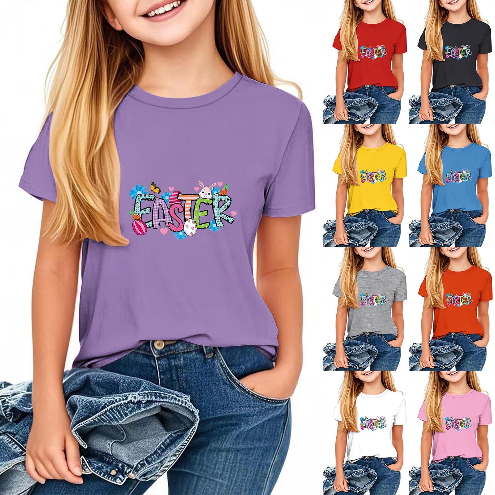 Cowsor Kids Easter Bunny Print Loose Crew Neck Short Sleeve Tee Soft ...