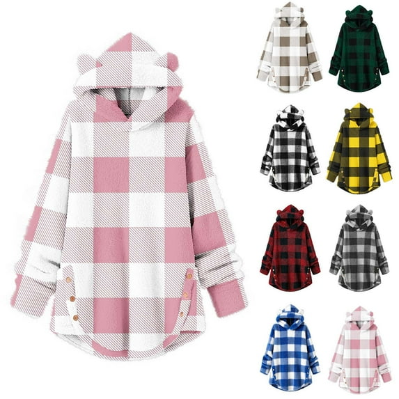 Cowsor Kids Reversible Fleece Hoodie Plaid Print Long Sleeve Pullover ...