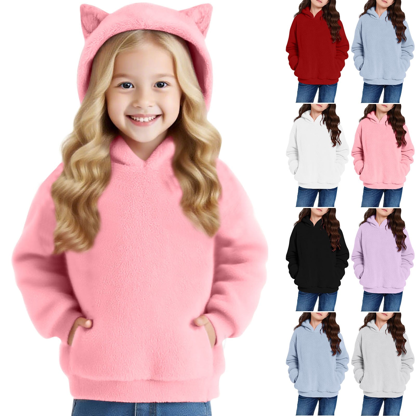 Cowsor Kids Solid Color Fleece Hoodie with Ear Detail and Pocket Cute ...