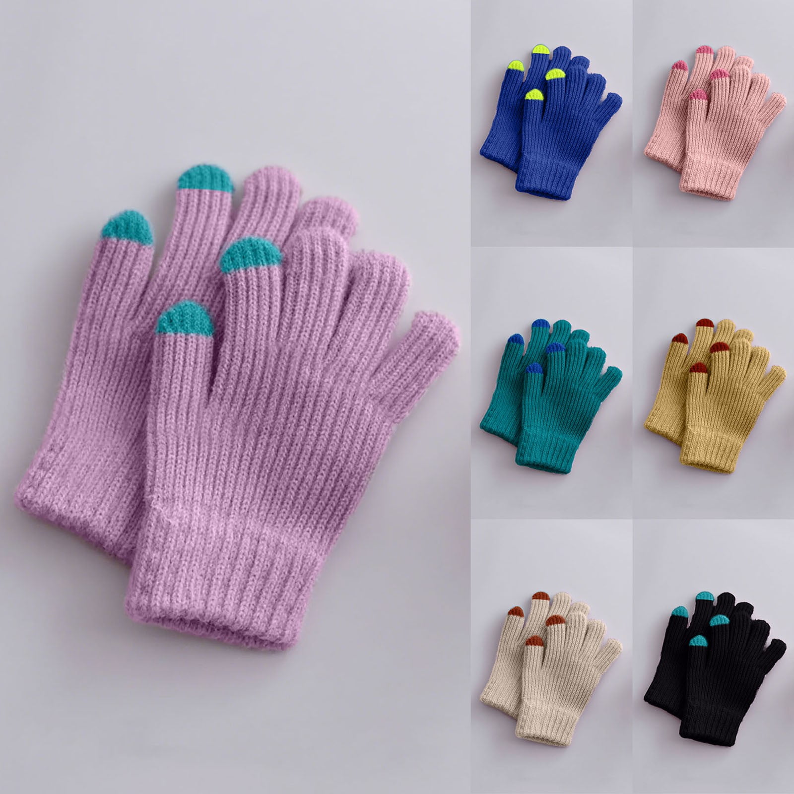 Cowsor Kids Solid Color Knit Winter Gloves Warm Five Finger Mittens ...