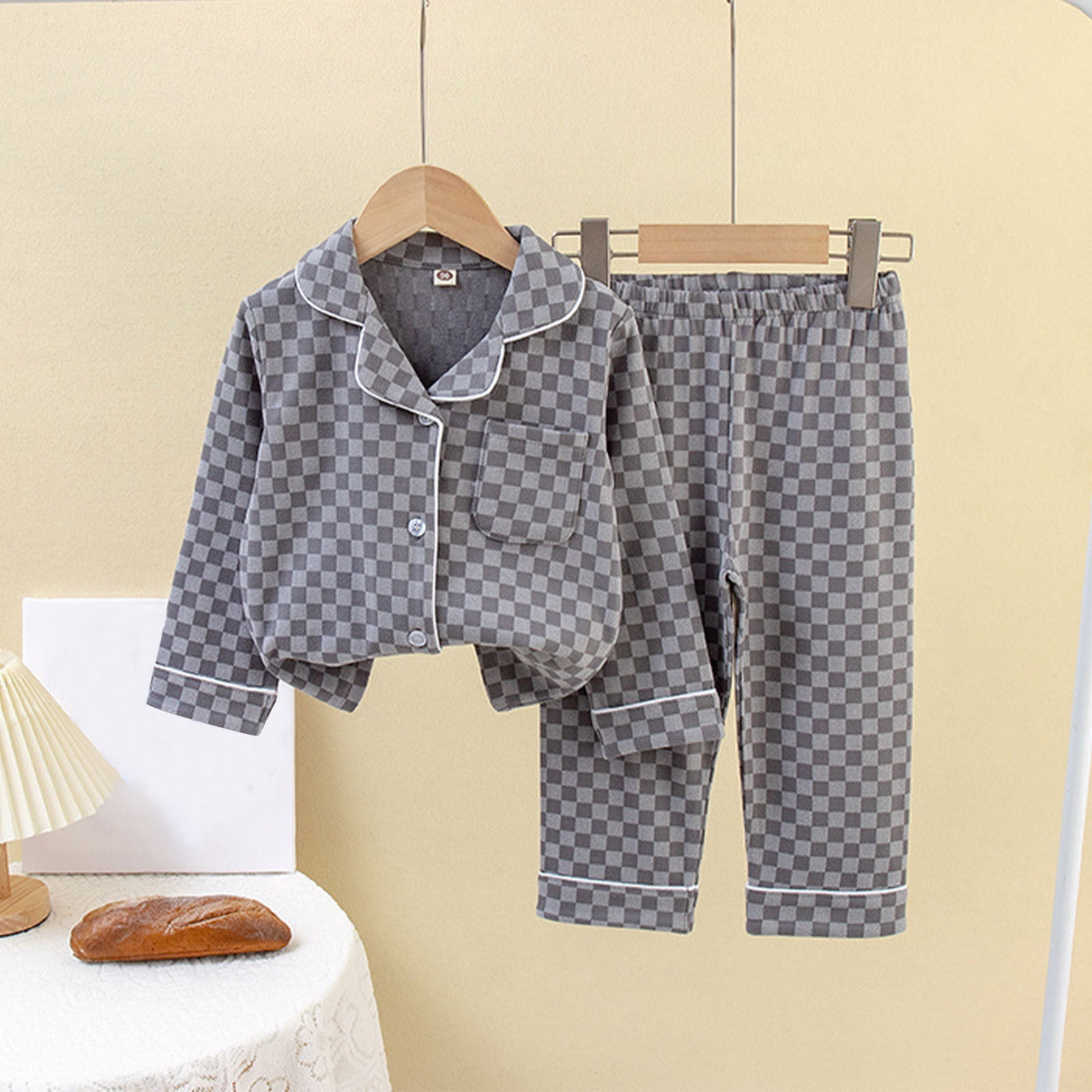 Cowsor Kids' Spring Checkered Pajama Set – Long Sleeve V-Neck + Pants ...
