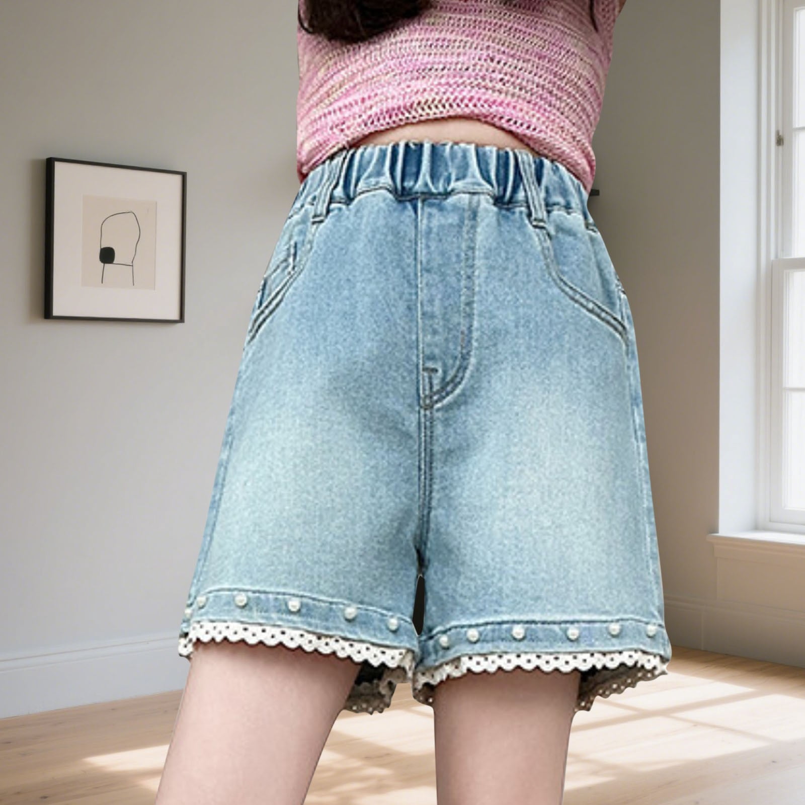 Cowsor Little Girls Jean Shorts Denim Embroidered Elastic Waist Shorts ...