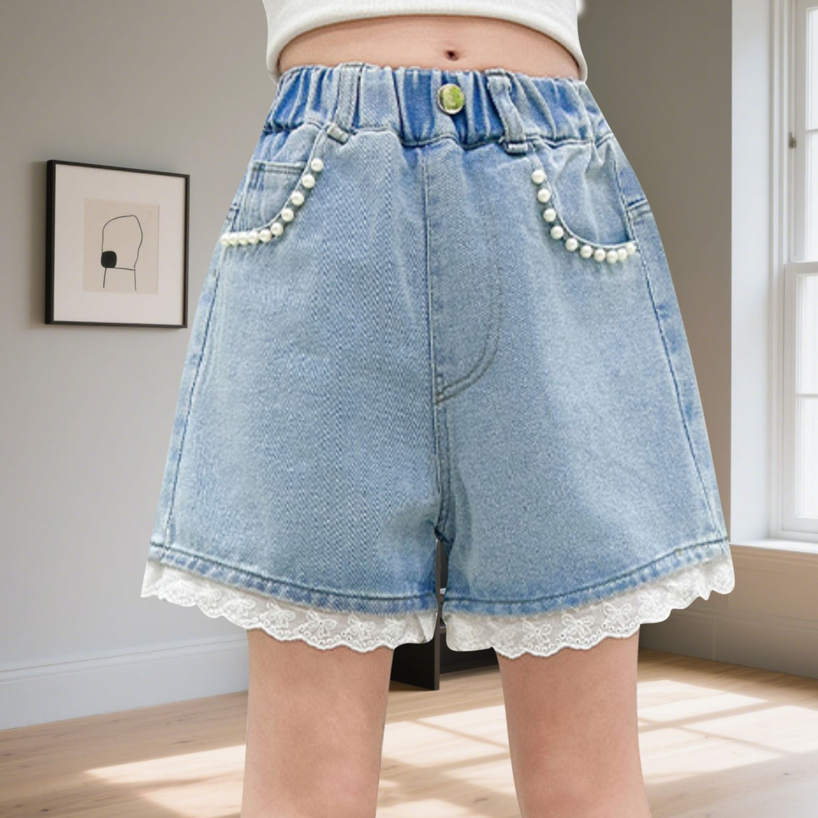 Cowsor Little Girls Jean Shorts Denim Embroidered Elastic Waist Shorts ...