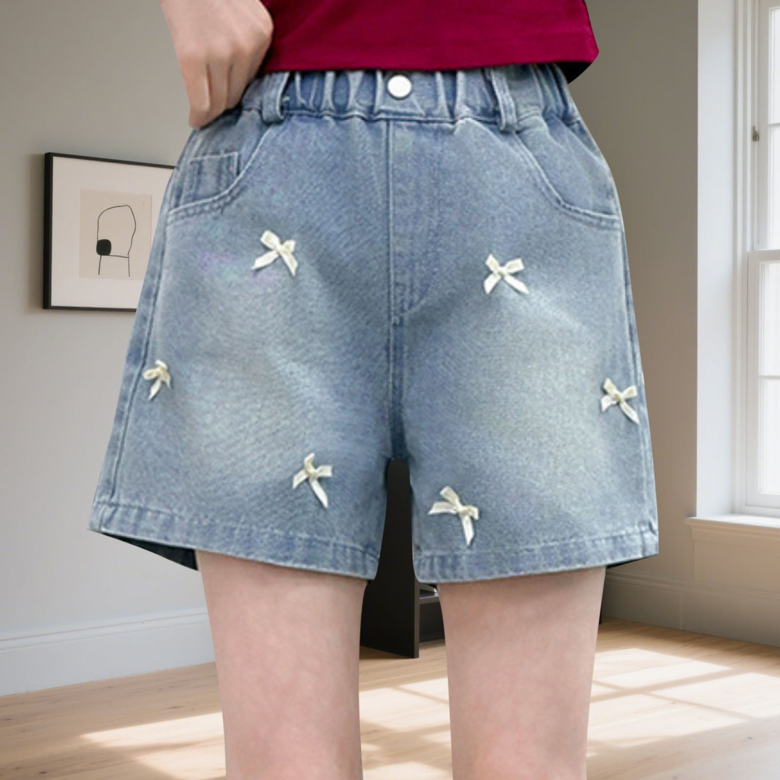 Cowsor Little Girls Jean Shorts Denim Embroidered Elastic Waist Shorts ...
