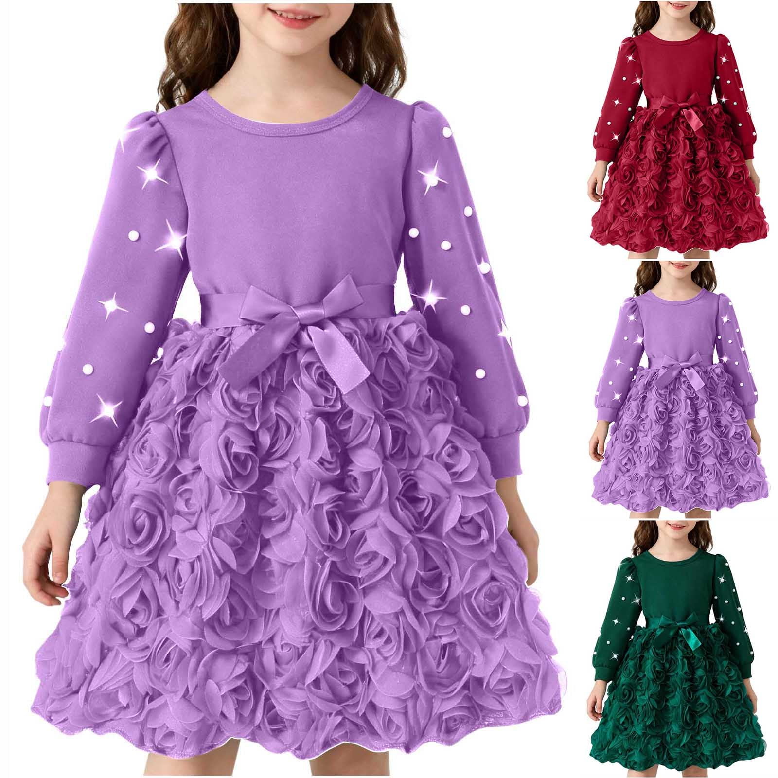 Cowsor Little Girls Long Sleeve Round Neck Solid Color Dress Cute Tulle ...