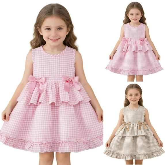 Cowsor Little Girls Sleeveless Round Neck Plaid Tank Dress Sweet Bow ...