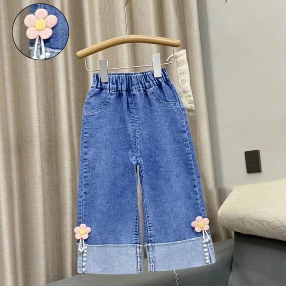 Cowsor Toddler Girls Bow Pearl Decor Jeans Straight Wide Leg Loose ...