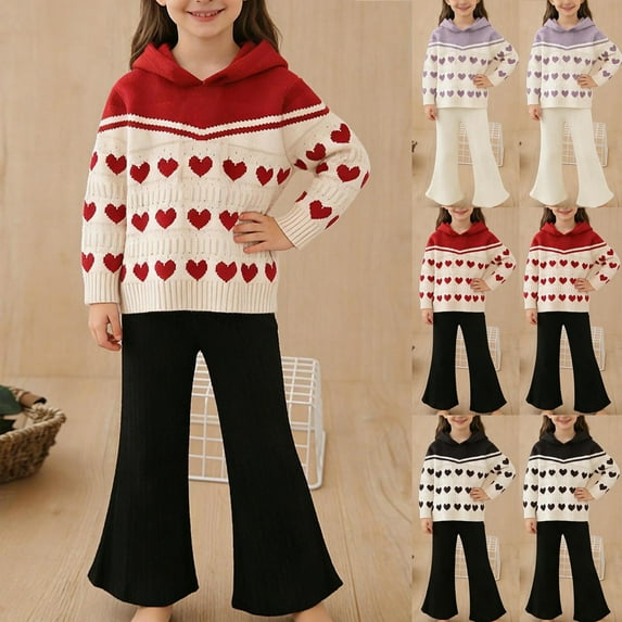 Cowsor Toddler Girls Hooded Heart Print Sweater Set Long Sleeve Top ...