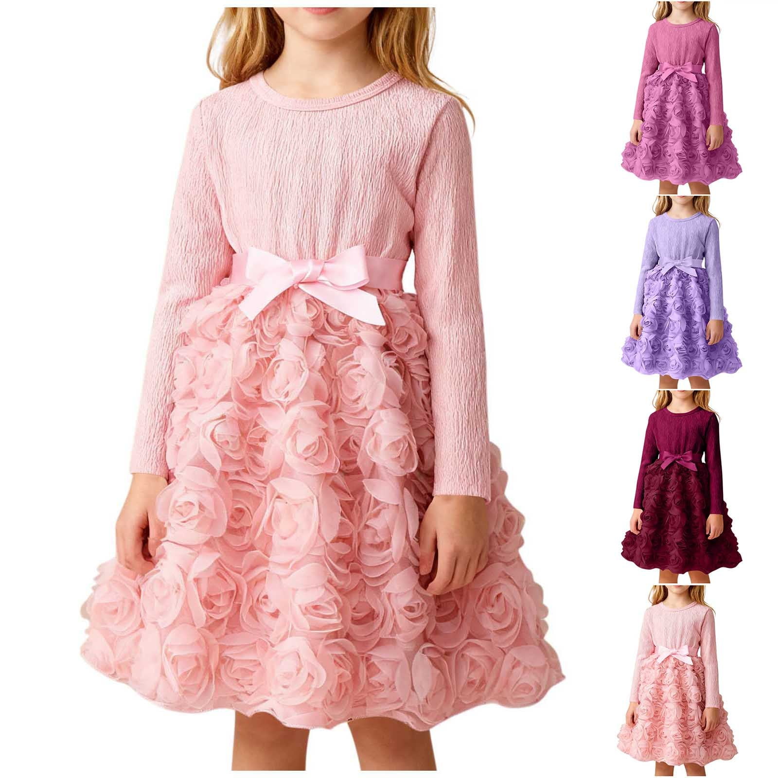 Cowsor Toddler Girls Long Sleeve Round Neck Solid Color Dress Sweet ...