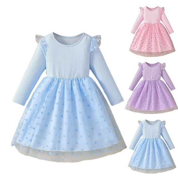 Cowsor Toddler Girls Long Sleeve Ruffle Cap Sleeve Round Neck Dress ...