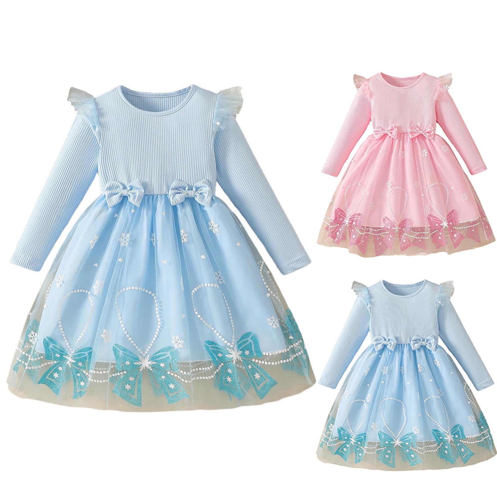 Cowsor Toddler Girls Long Sleeve Ruffle Cap Sleeve Round Neck Dress ...