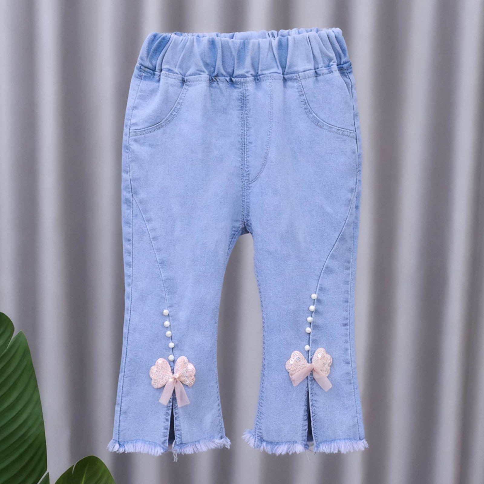 Cowsor Toddler Girls Sequin Bow Pearl Flare Slim Fit Jeans Elastic ...