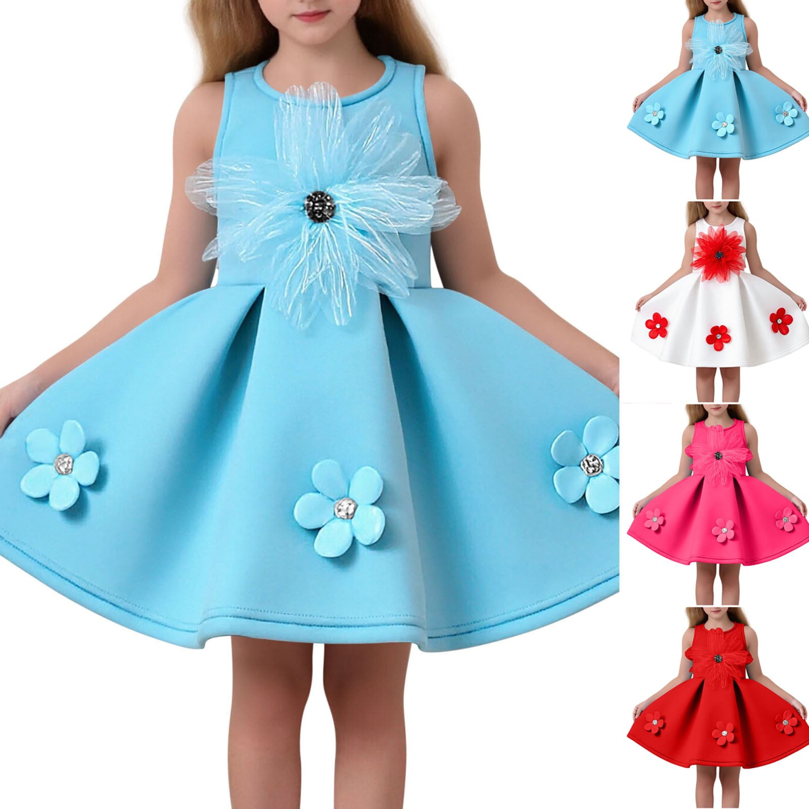 Cowsor Toddler Girls Sleeveless Round Neck Dress 3D Floral Decor Fluffy ...