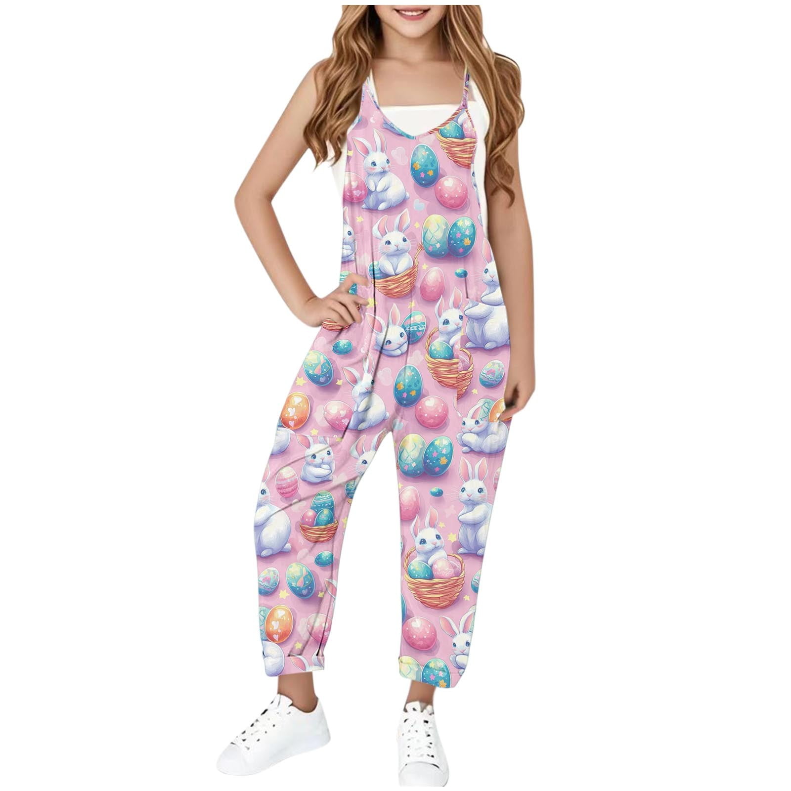Cowsor Tween Girls Easter Printed Sleeveless Cami Jumpsuit with Pockets ...