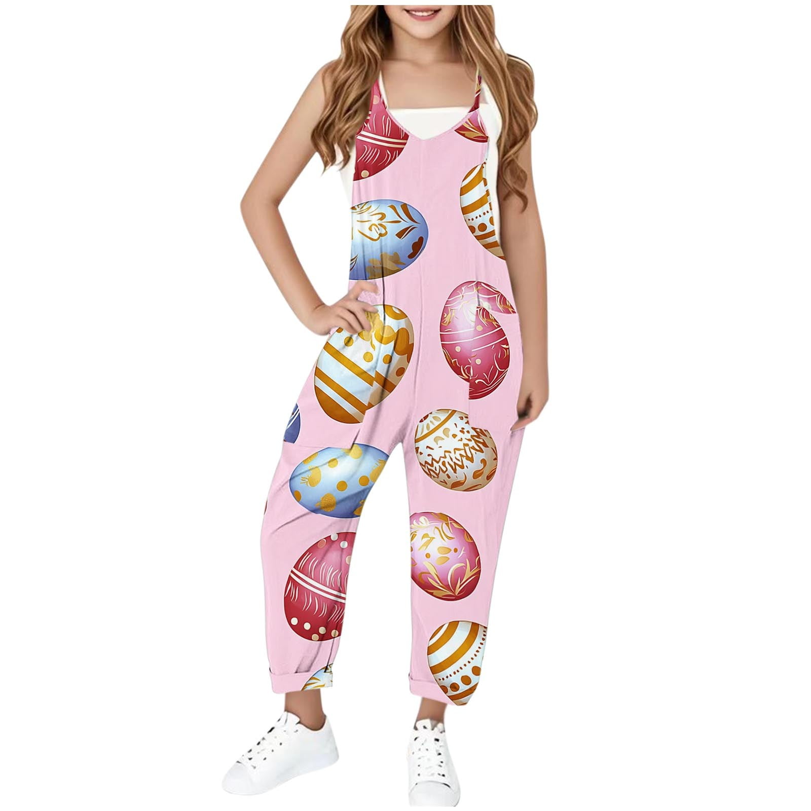 Cowsor Tween Girls Easter Printed Sleeveless Cami Jumpsuit with Pockets ...
